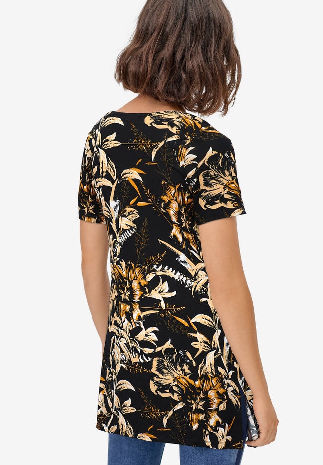 Side Slit A-Line Tunic with Scoop Neckline, Black Beige Floral | Ellos