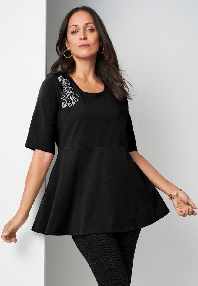 Stretch Cotton Peplum Tunic - Fit-and-Flare Style, Black Bead Floral ...