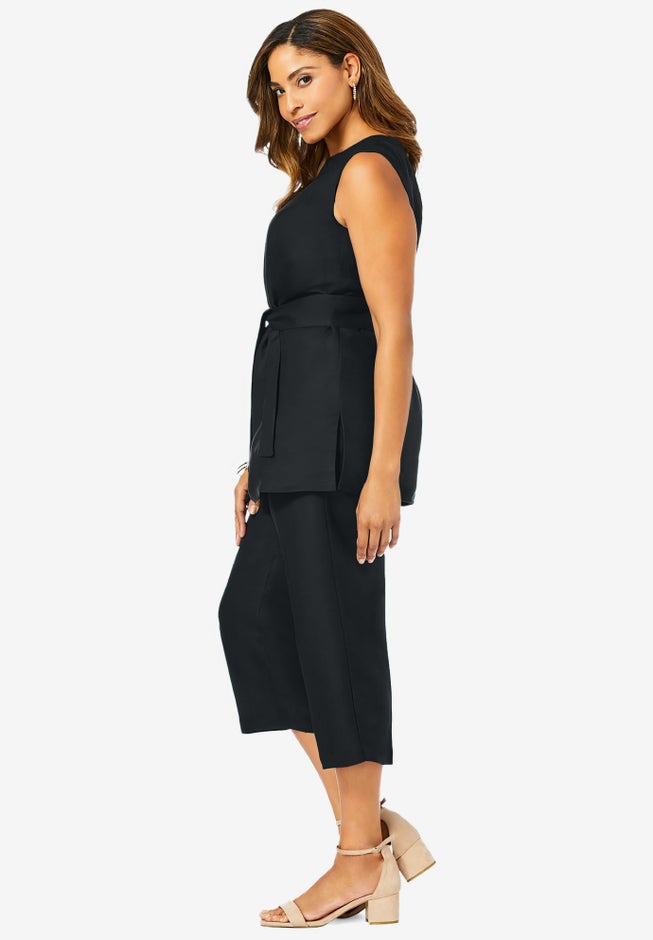 Linen Capri Set with Sash Belt – Versatile Outfit, Black | Ellos