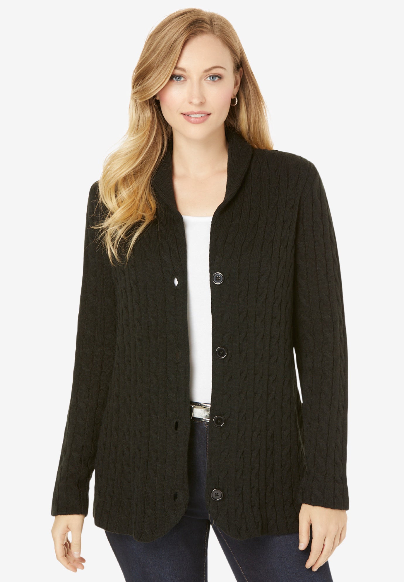 Cable Blazer Sweater with Shawl Collar, Black | Ellos