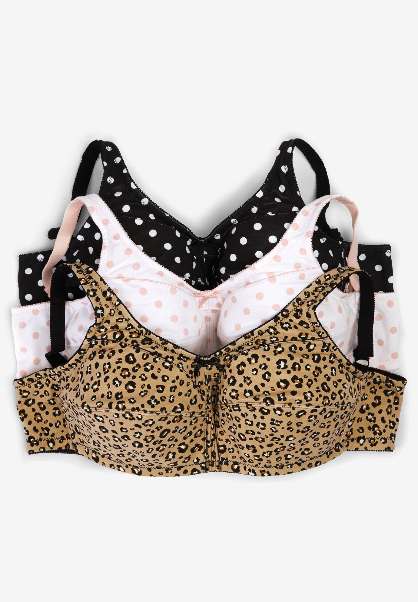 Cotton Wireless Bra 3-Pack Full-Coverage, Polka Dot Assorted | Ellos
