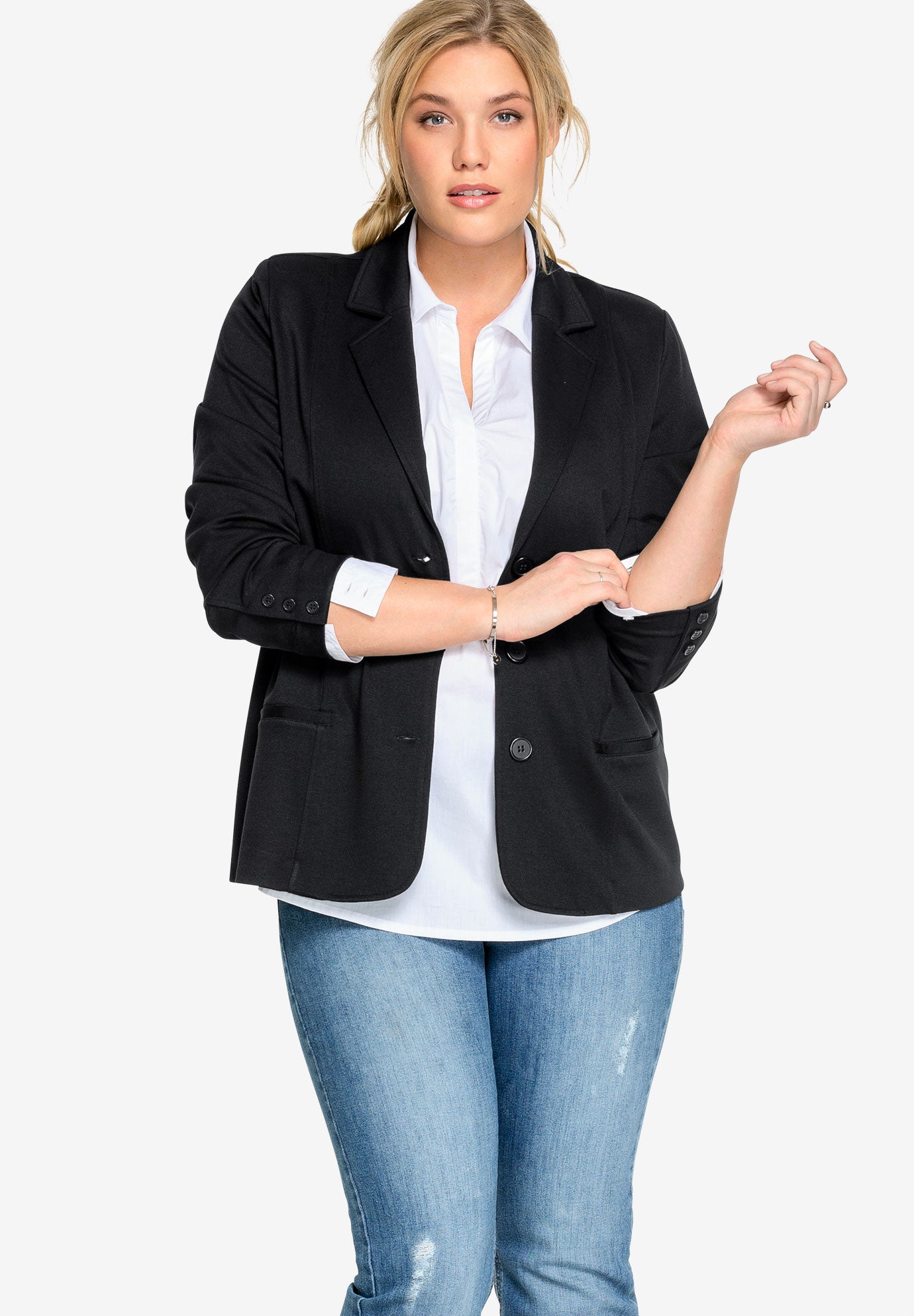 Ponte Knit Blazer - Button-Front Wardrobe Staple, Black | Ellos
