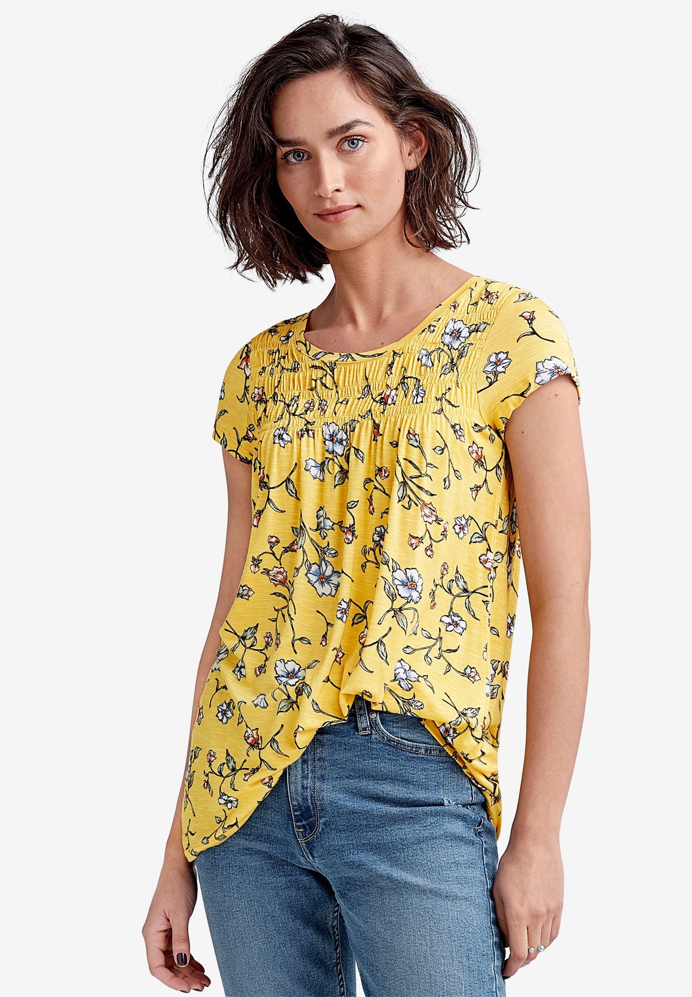 Smocked Tunic - High-Low Hem Style, Primrose Yellow Floral | Ellos