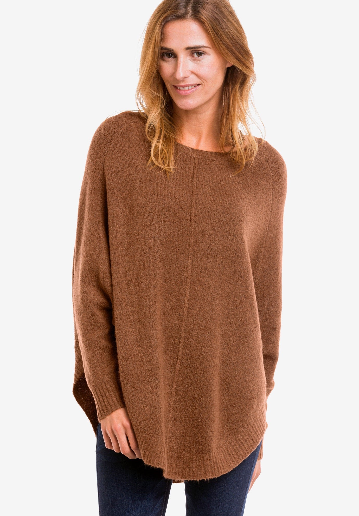 Elegant Poncho Sweater with Open Sides, Chestnut Brown | Ellos