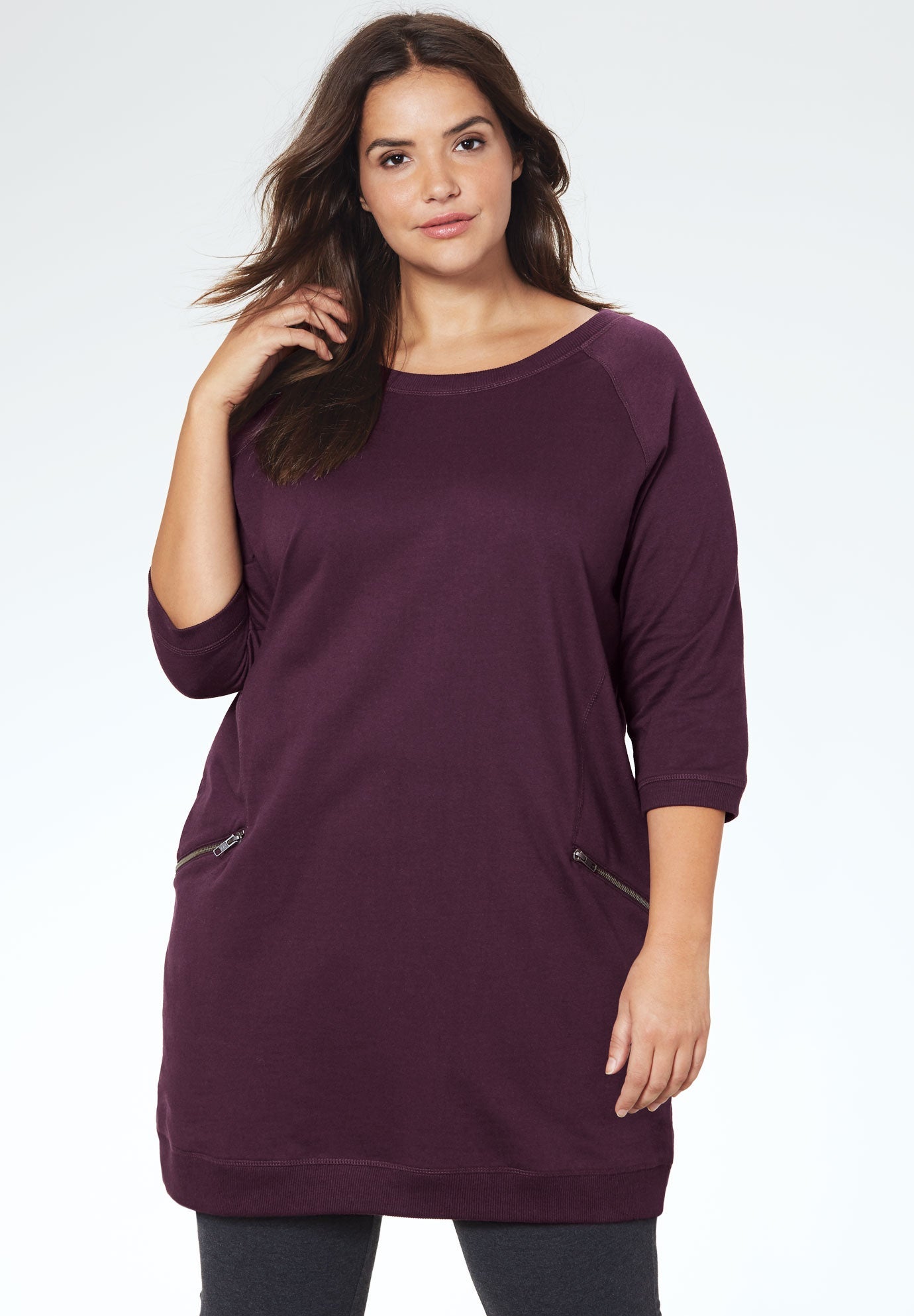 French Terry Tunic with Zip Pockets, Wild Plum | Ellos