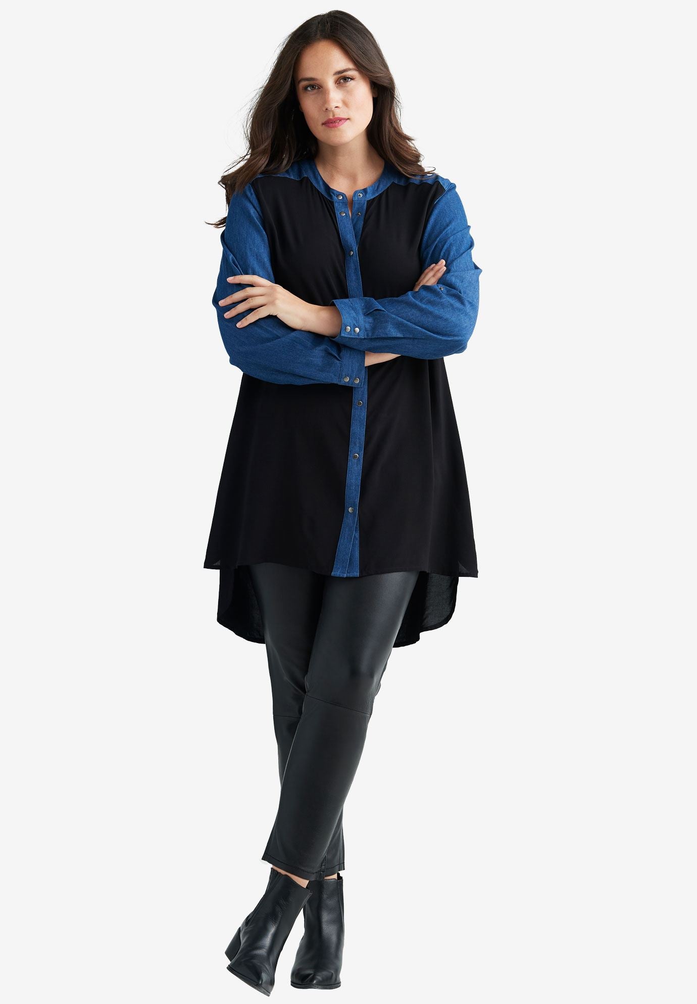 Denim Trim Shirt with Snap Tabs - Mid-Thigh Length, 4234983 | Ellos