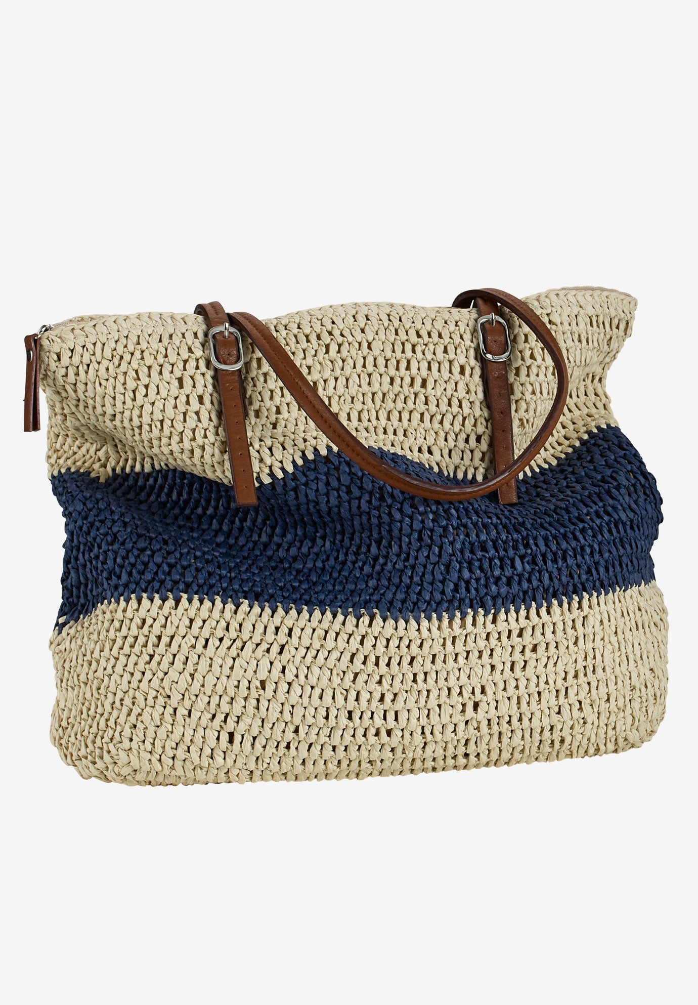 Zip Top Straw Bag with Adjustable Straps, Navy Stripe | Ellos